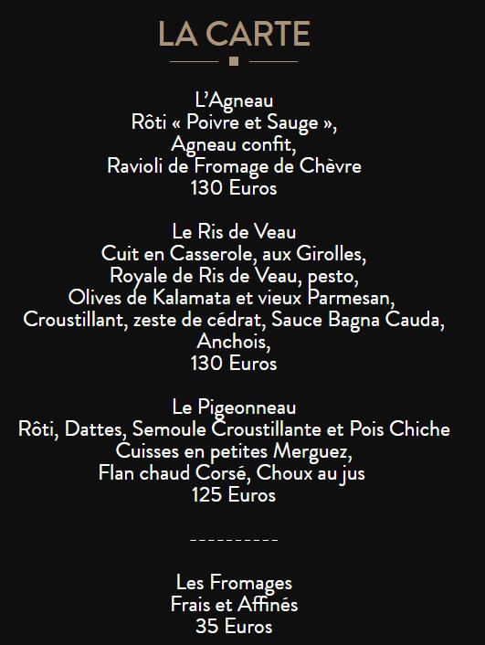 Carta del restaurante Le Pré Catelan, Paris, Bois del Boulogne