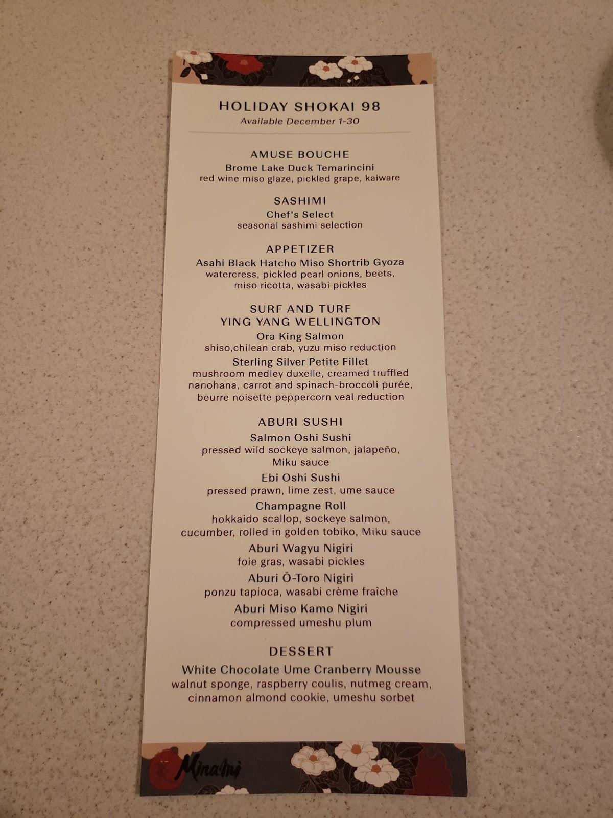 Menu at Minami restaurant, Vancouver