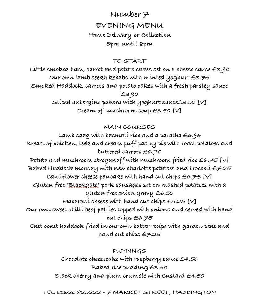 Menu at Number 7 restaurant, Haddington
