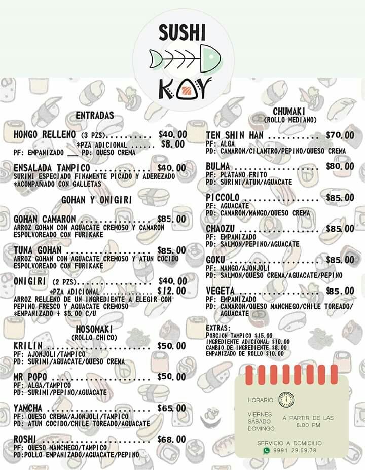 Menu at Sushi Kay restaurant, Telchac Puerto