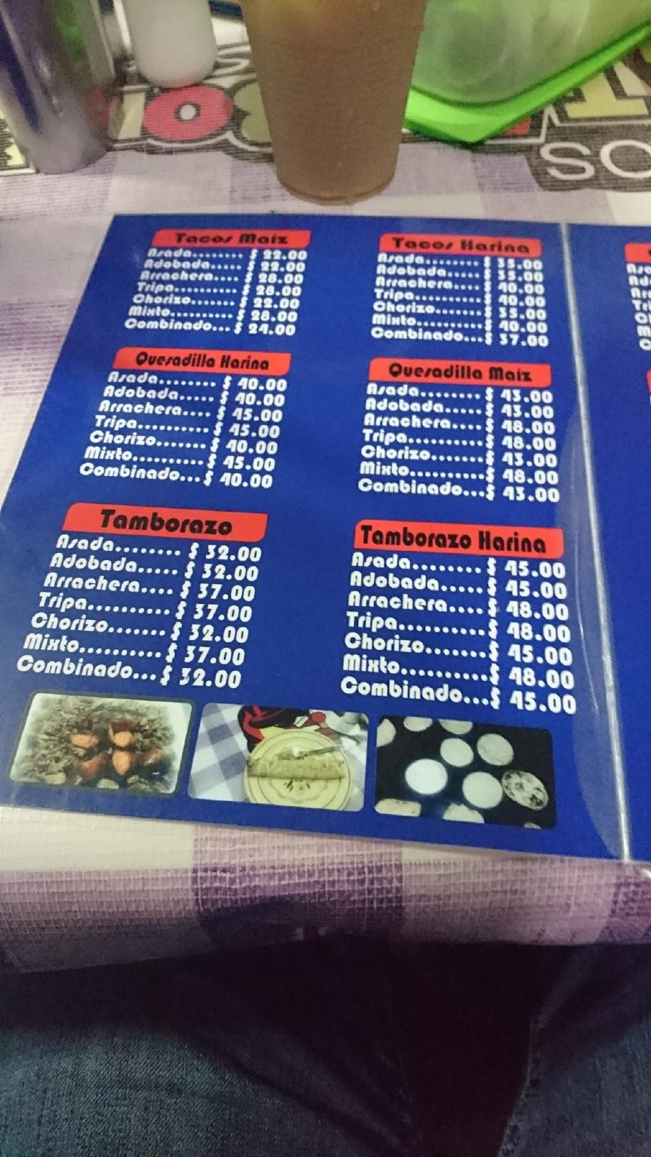 Menu at Tacos La Tambora restaurant, Zapopan