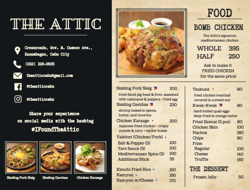 Menu at The Attic restaurant, Cebu City