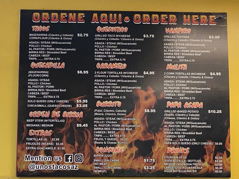 Menu at UNOS TACOS Y BIRRIA restaurant, Phoenix