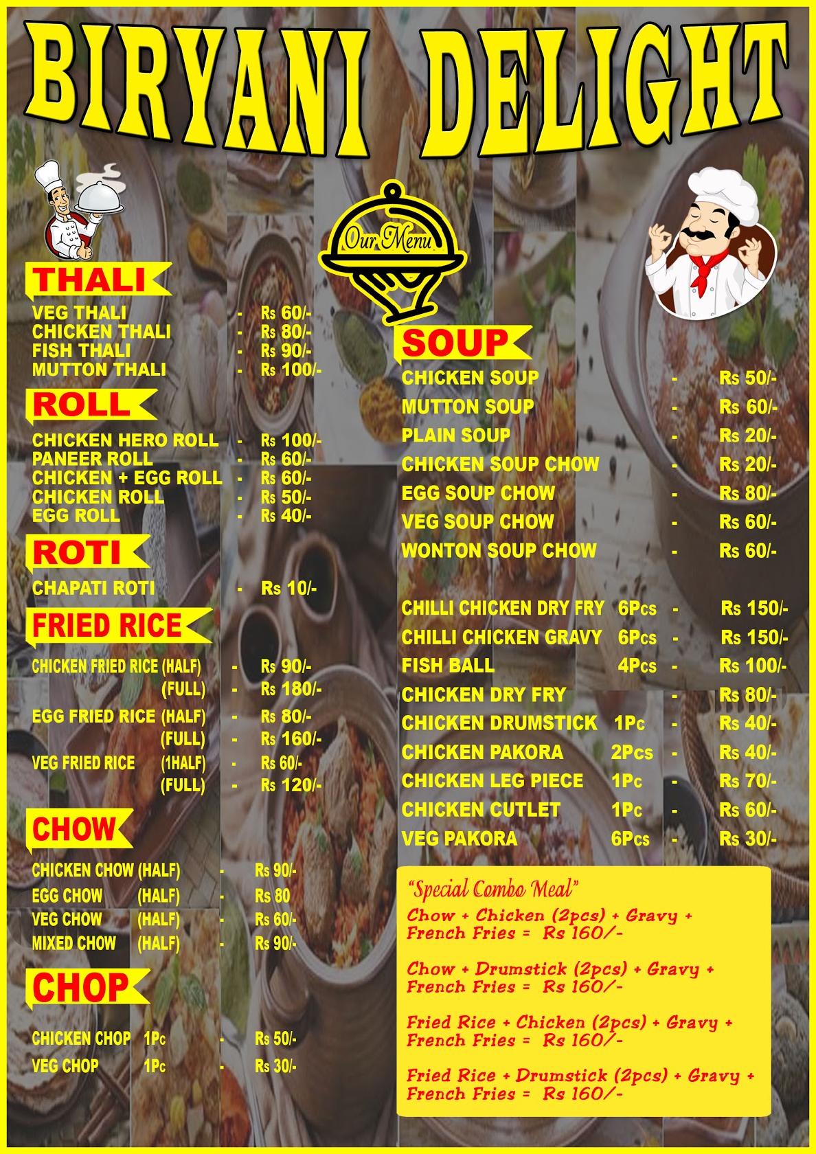 Menu at Biryani delight, Shillong