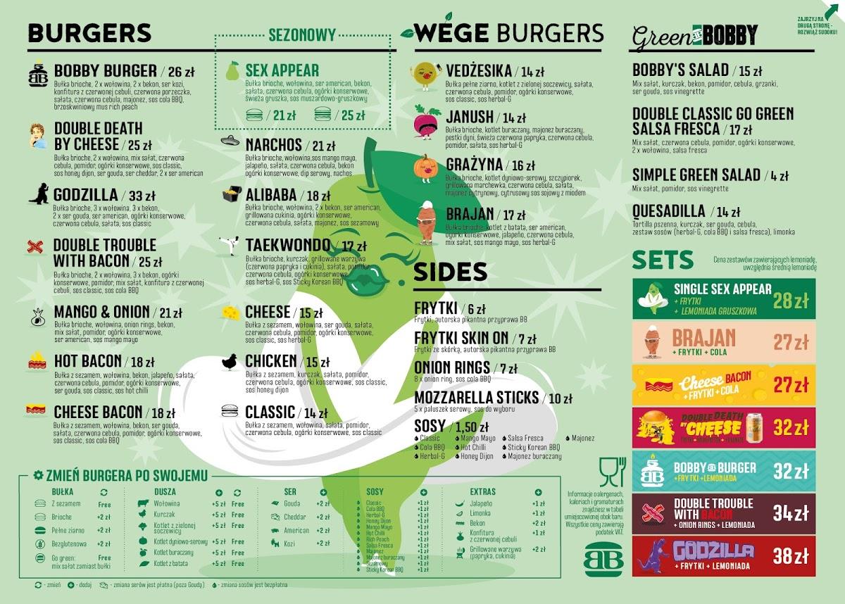 Carta del restaurante Bobby Burger, Varsovia, Zgrupowania AK "Kampinos" 15