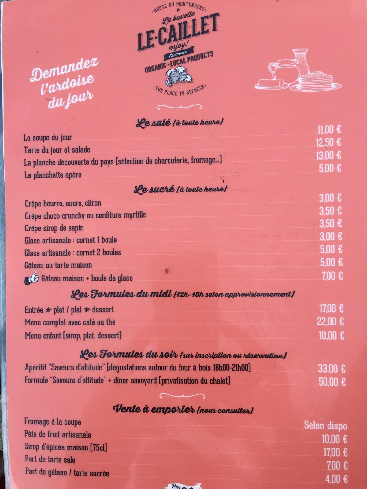 Menu at Chalet - Buvette of Caillet cafe, Chamonix