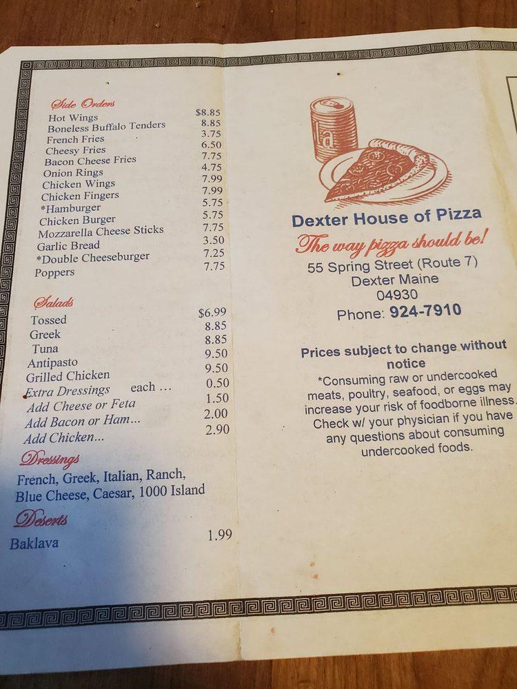 Menu at Dexter House of Pizza pizzeria, Dexter