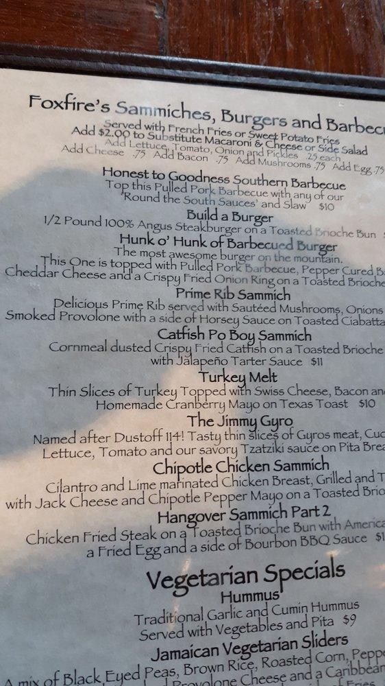 Menu at Foxfire Grille pub & bar, Snowshoe