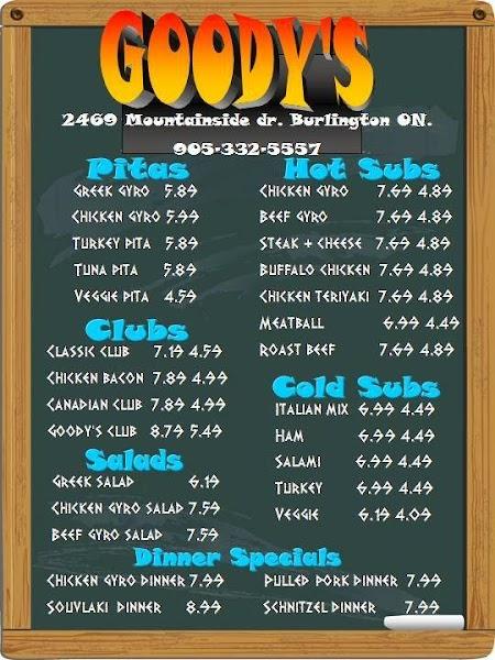 Menu at Goody's fast food, Burlington