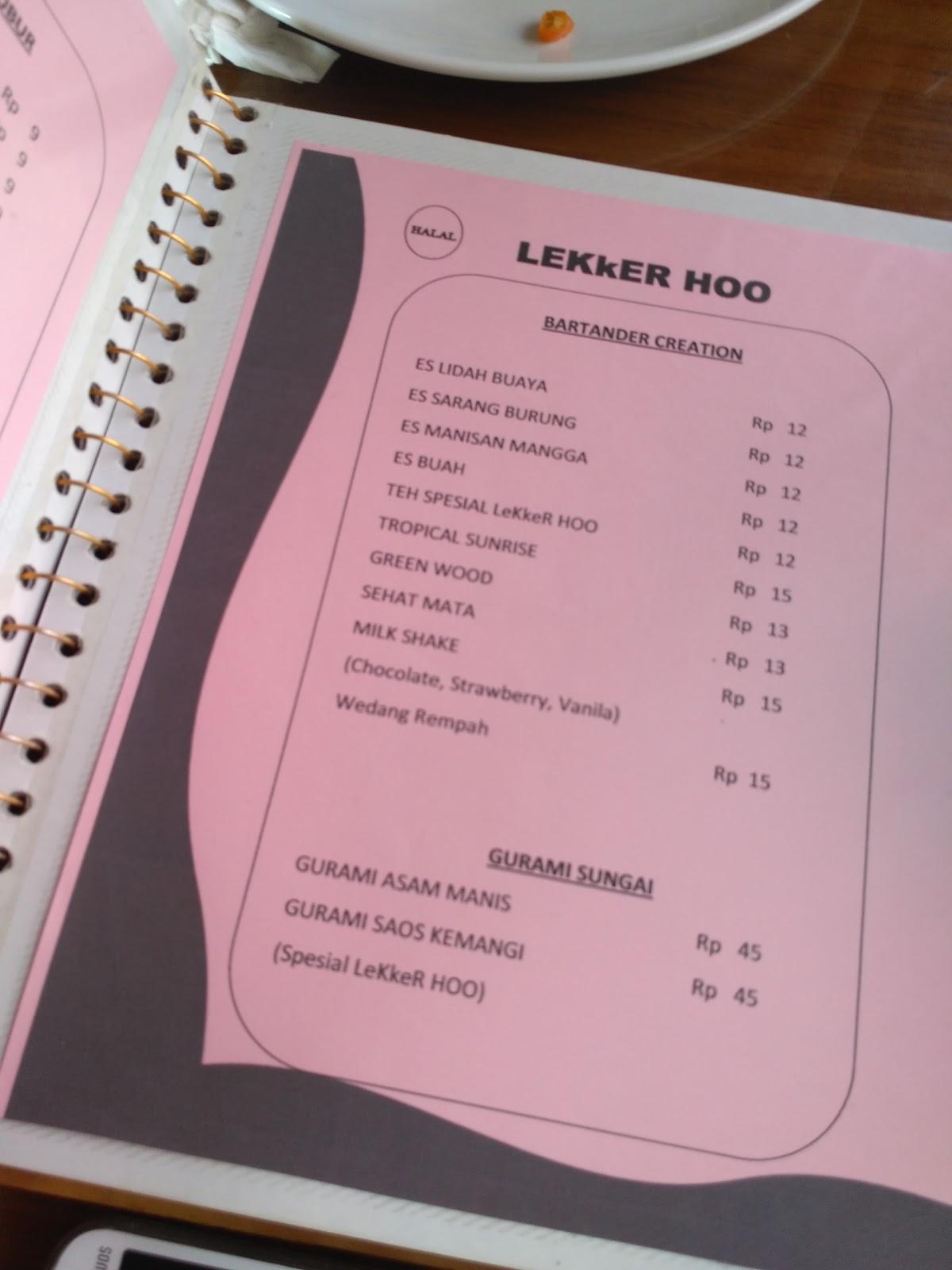 Menu at Lekker Hoo restaurant, Semarang