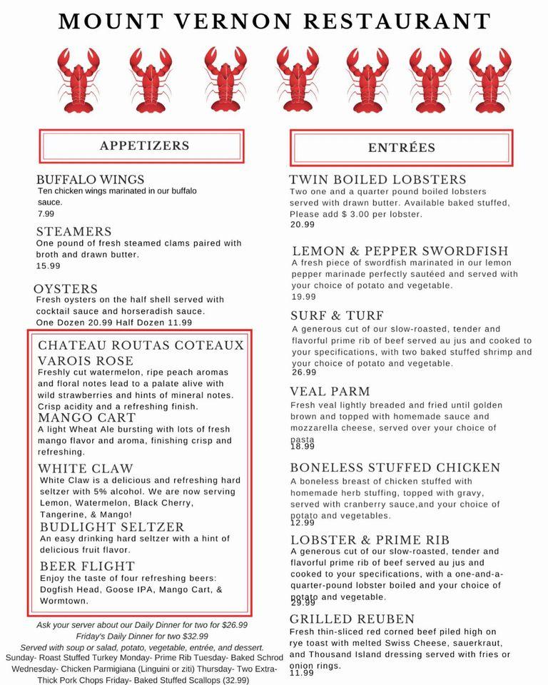 Menu at Mount Vernon Restaurant & Pub, Somerville