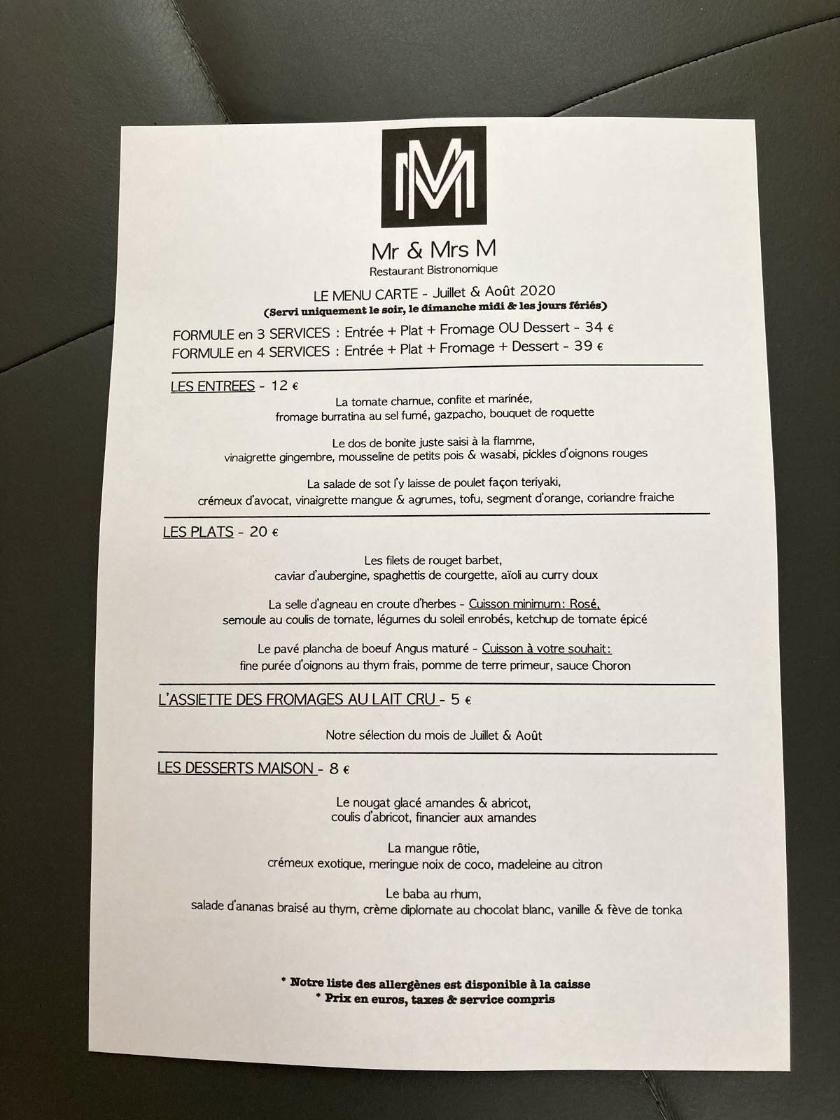 Menu at RESTAURANT Mr & Mrs M, Pau