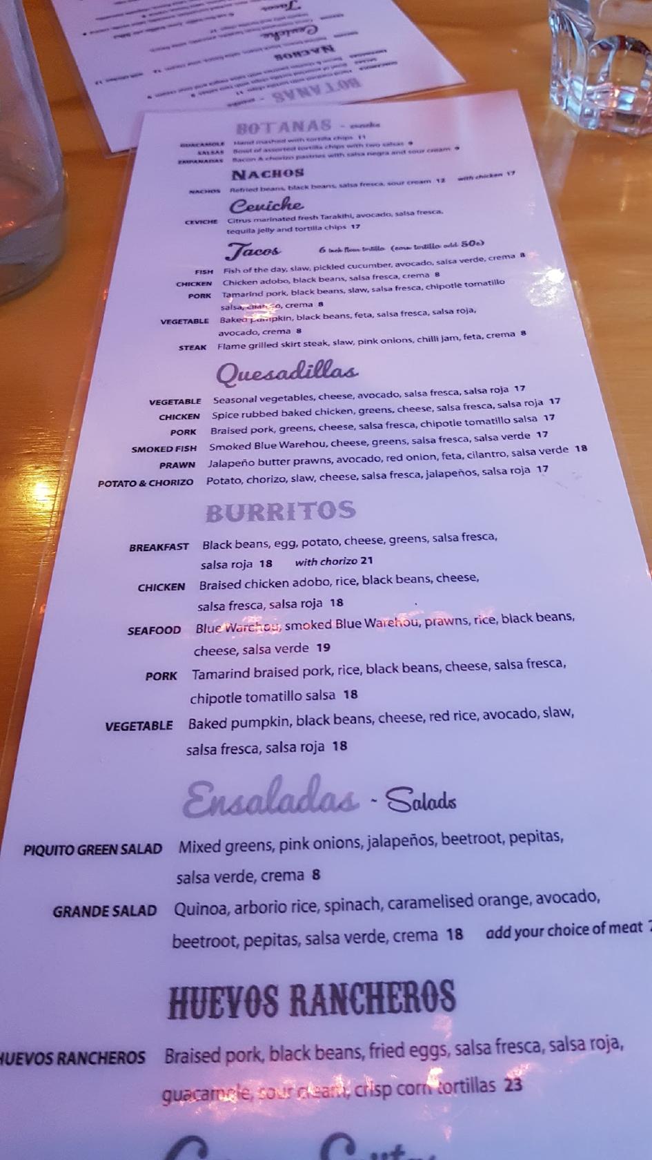 Menu at Cantina Nicola restaurant, Nelson