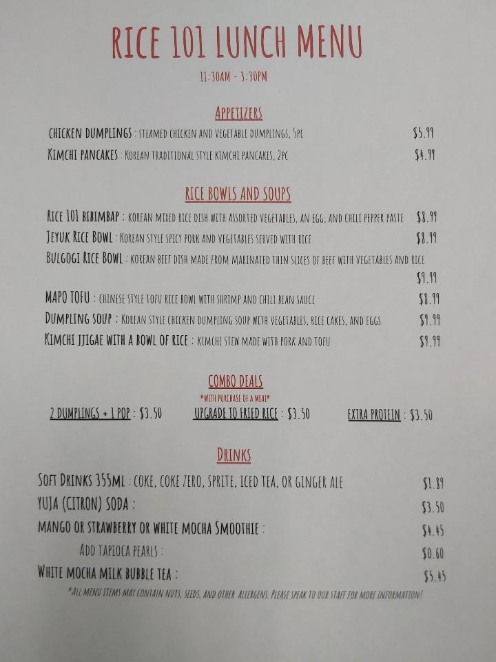 Menu at RICE 101 restaurant, Edmonton