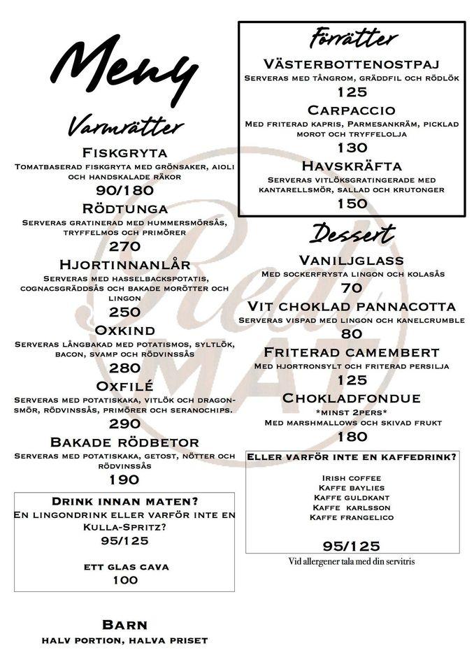 Menu at Redimat restaurant, Helsingborg