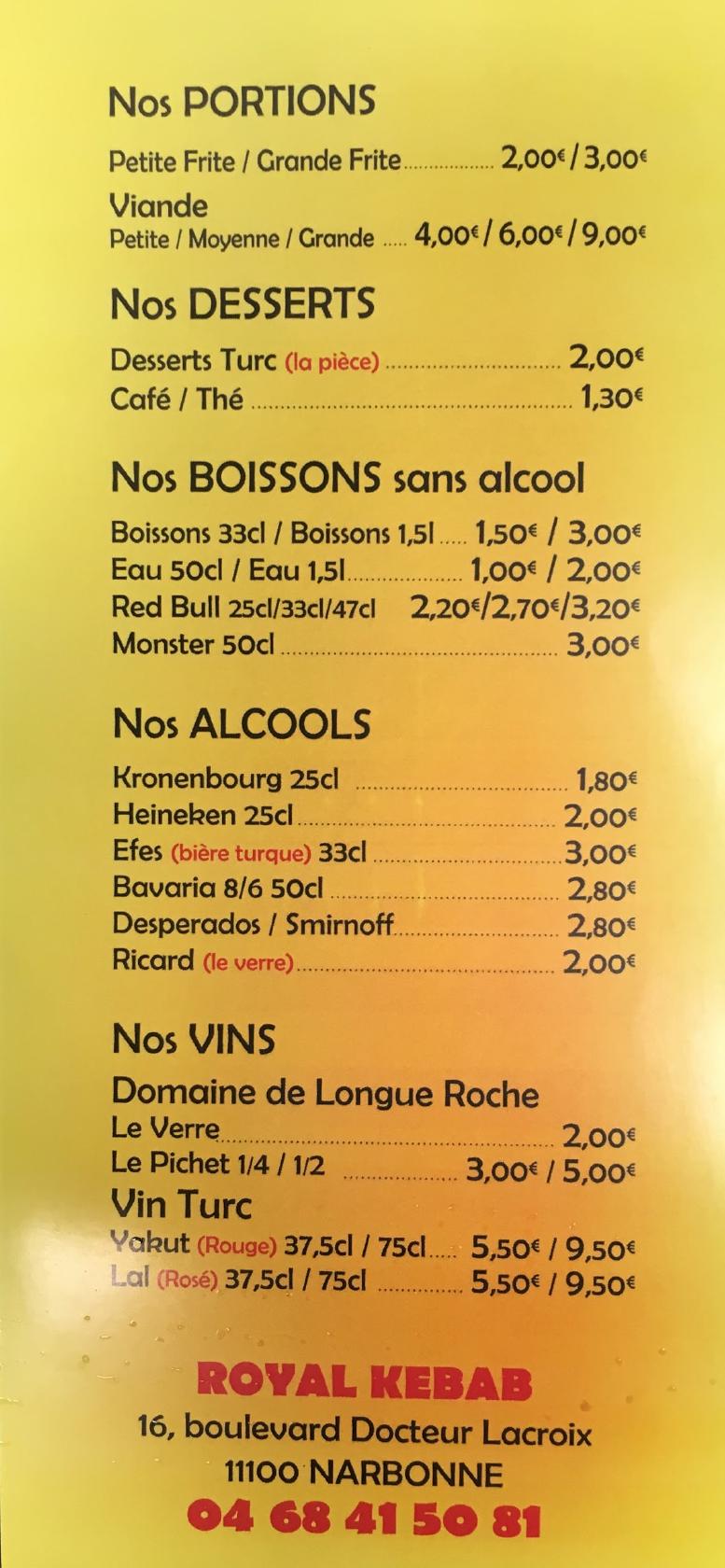 Menu at Royal Kebab Depuis 1997 fast food, Narbonne