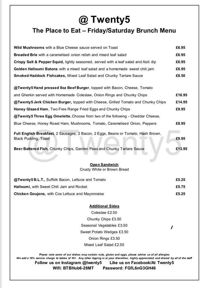 Menu at The Grill At Twenty5 restaurant, Ipswich