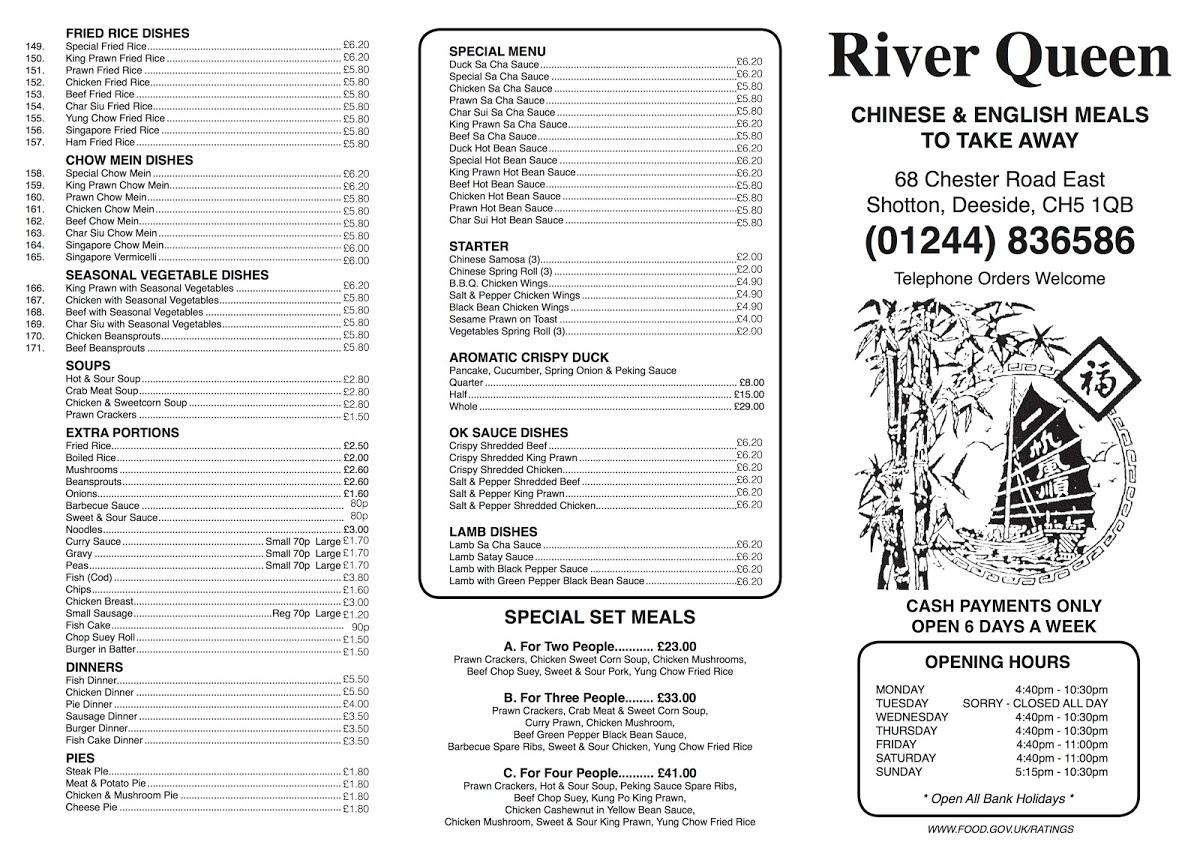 Menu at The River Queen fast food, Shotton