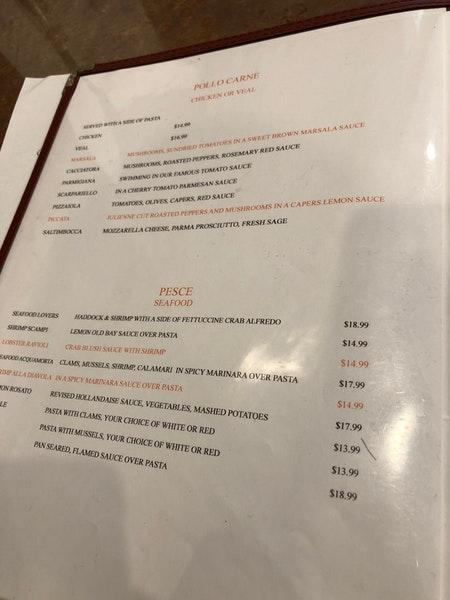 Menu at Villa Schiano restaurant, Elizabethville