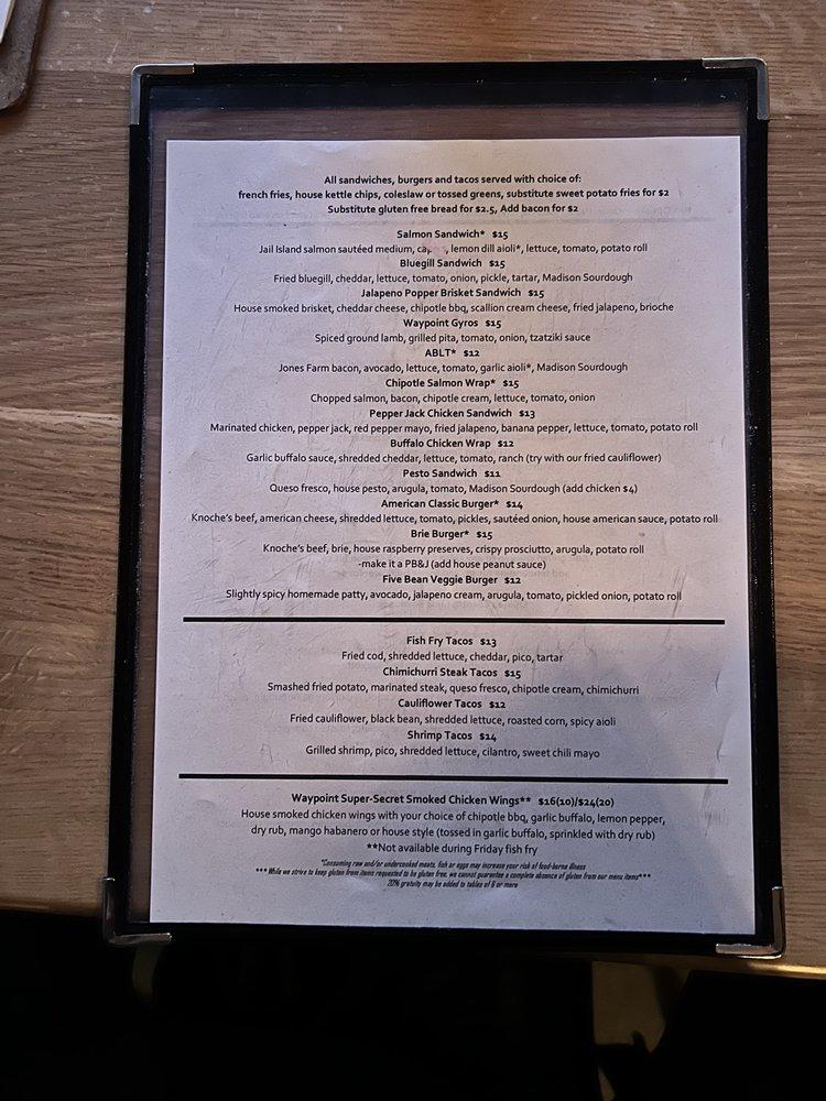 Menu at Waypoint Public House, Monona