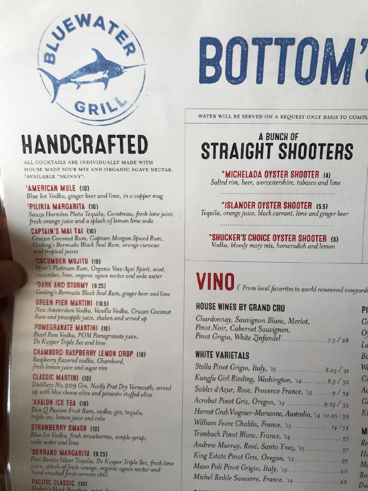 Menu at Bluewater Grill Seafood Restaurant Newport Beach, Newport Beach ...