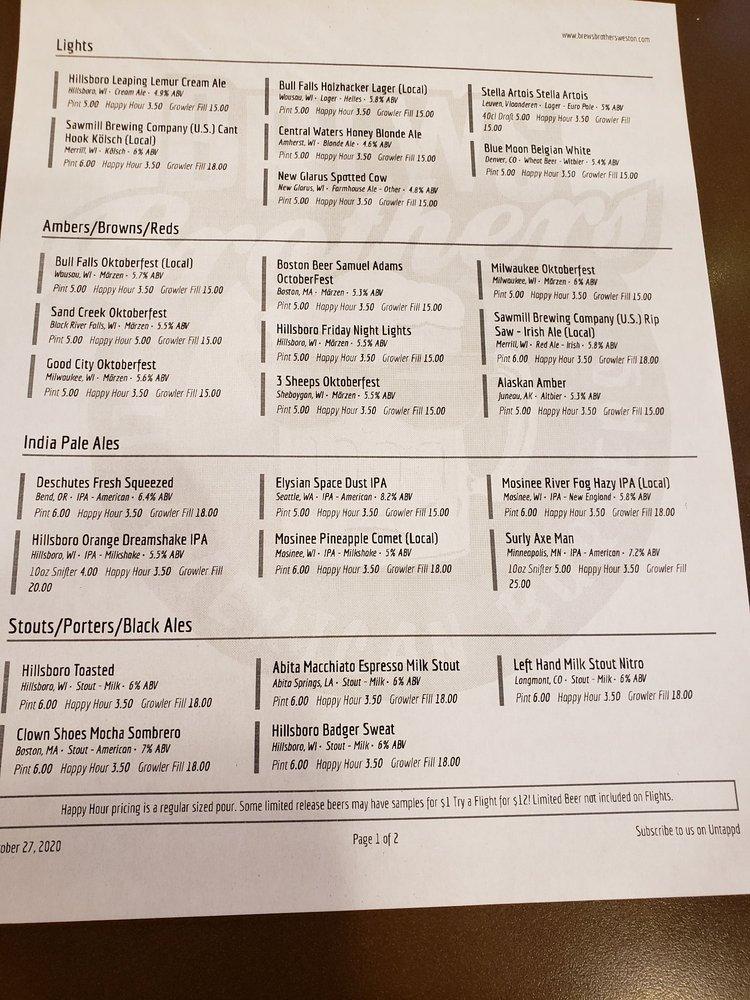 Menu at Brews Brothers Pub, Weston