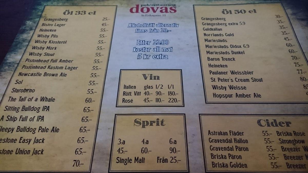 Menu at Dovas D. pub & bar, Stockholm, Sankt Eriksgatan 53