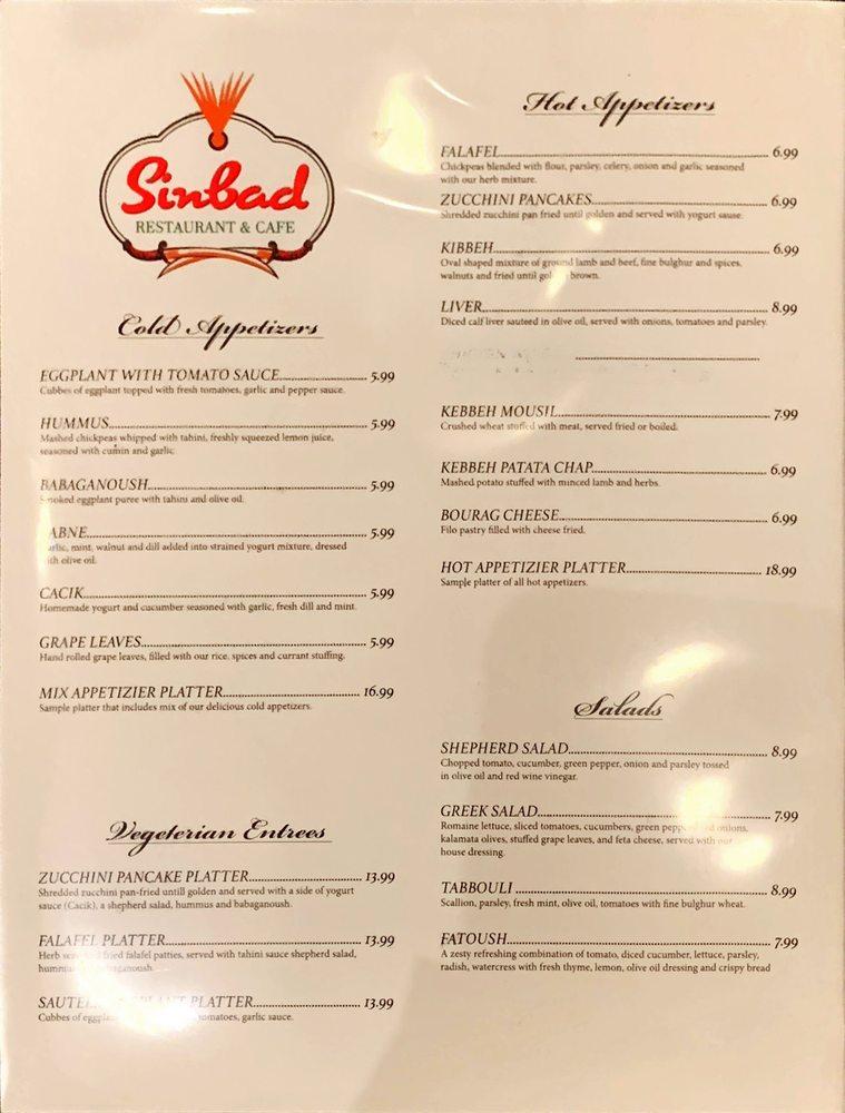 Menu at Sinbad Restaurant, Boca Raton
