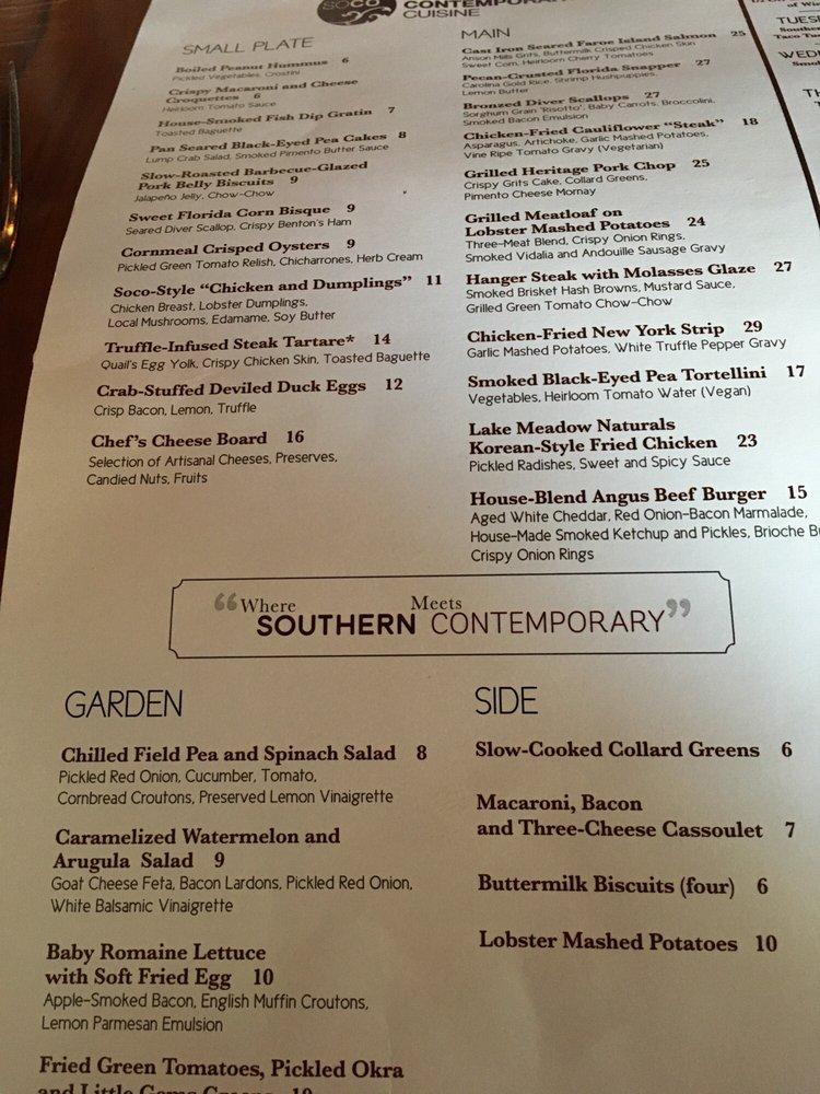 Menu at Soco Restaurant, Orlando