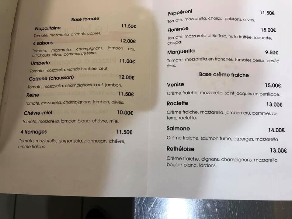 Menu au Le Milan pizzeria, Rethel