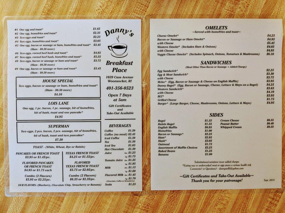 Menu at Danny's Breakfast Place restaurant, Woonsocket
