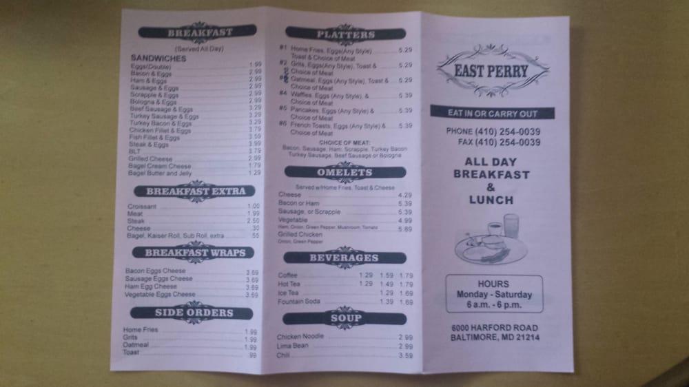 Menu at East Perry restaurant, Baltimore