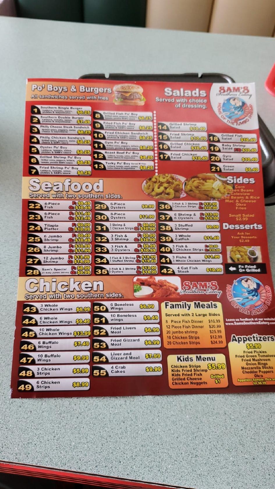 Menu at Sam's Southern Eatery restaurant, Bayou Vista