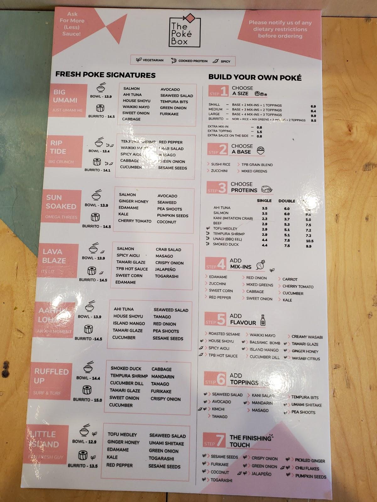 Menu at The Poke Box restaurant, Waterloo