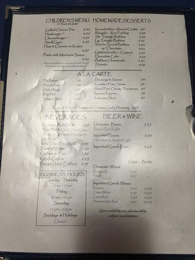 Menu at Yanni's Greek Restaurant, Columbus