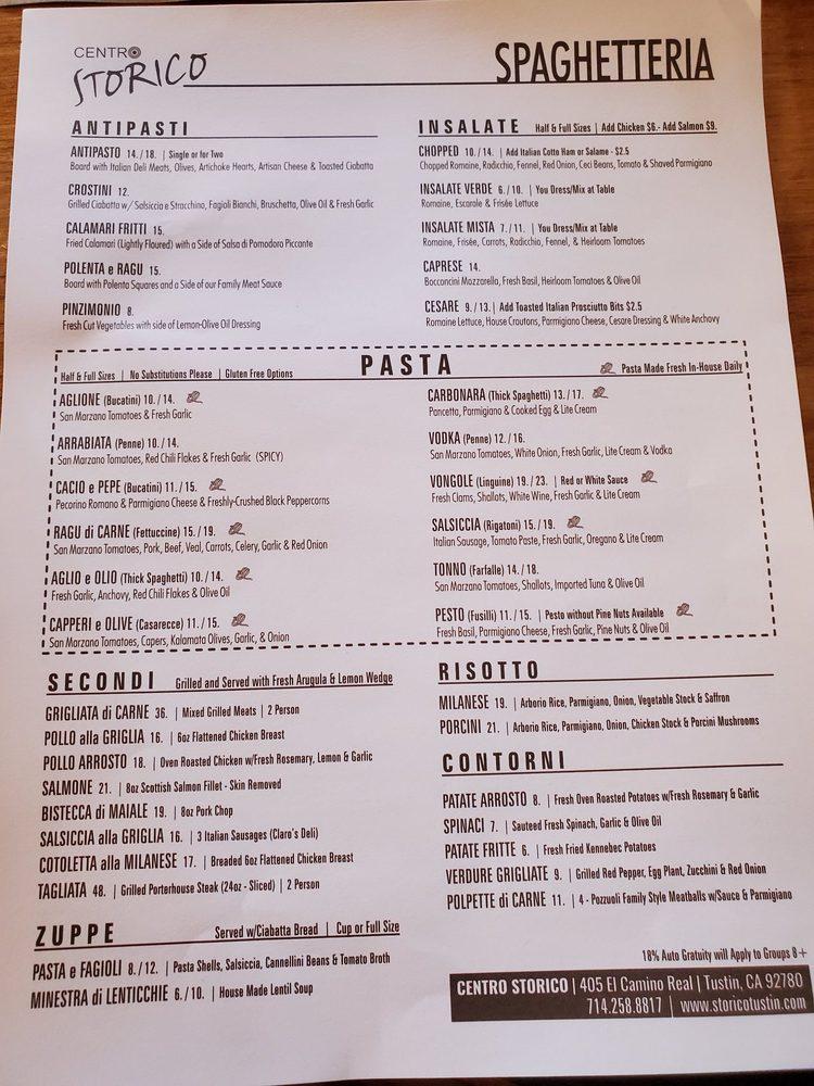 Menu at CENTRO Storico Spaghetteria restaurant, Tustin