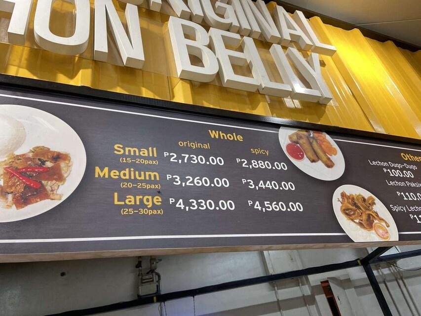 Menu at Cebu's Original Lechon Belly restaurant, Pasay