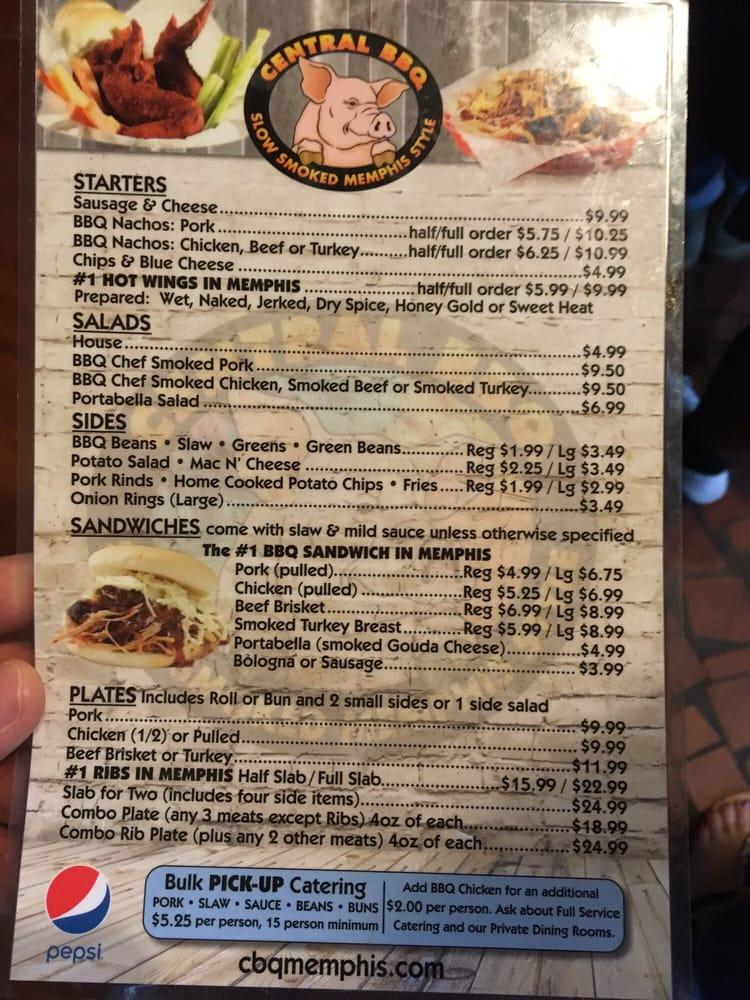 Menu at Central BBQ - Downtown, Memphis, 147 E Butler Ave