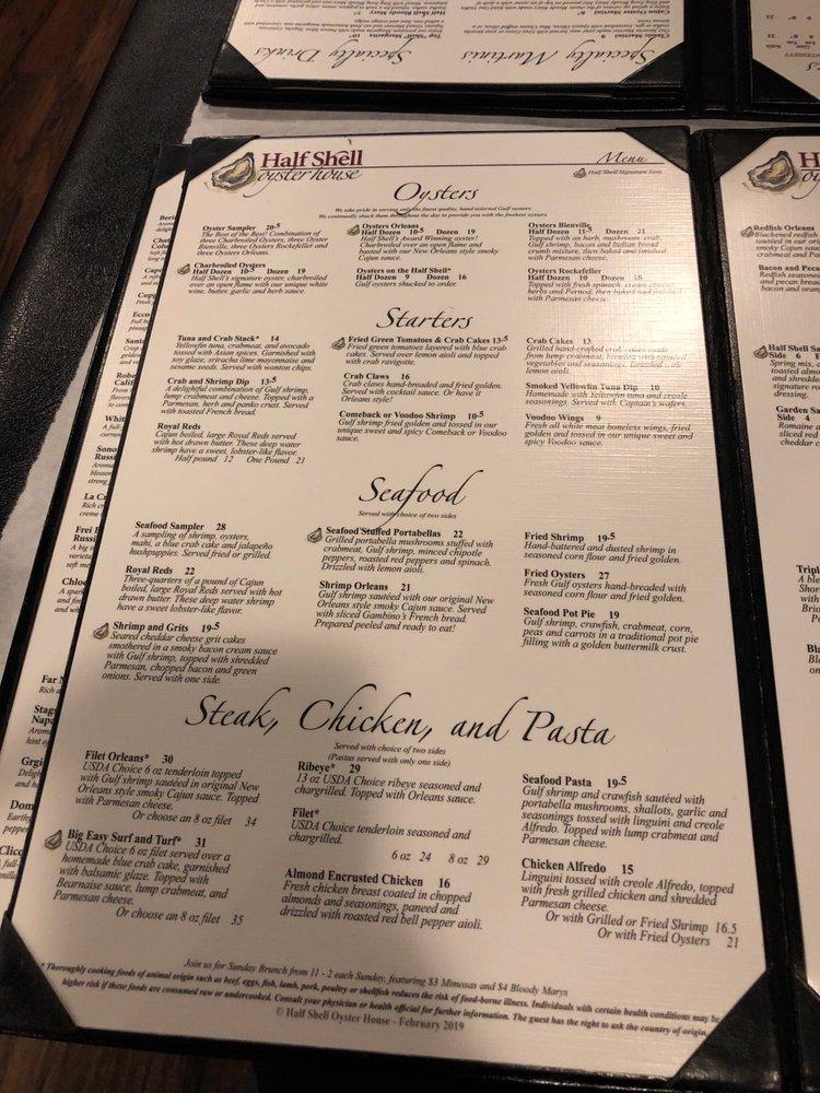Menu at Half Shell Oyster House restaurant, Gulfport