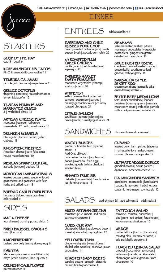 Menu at J. Coco pub & bar, Omaha