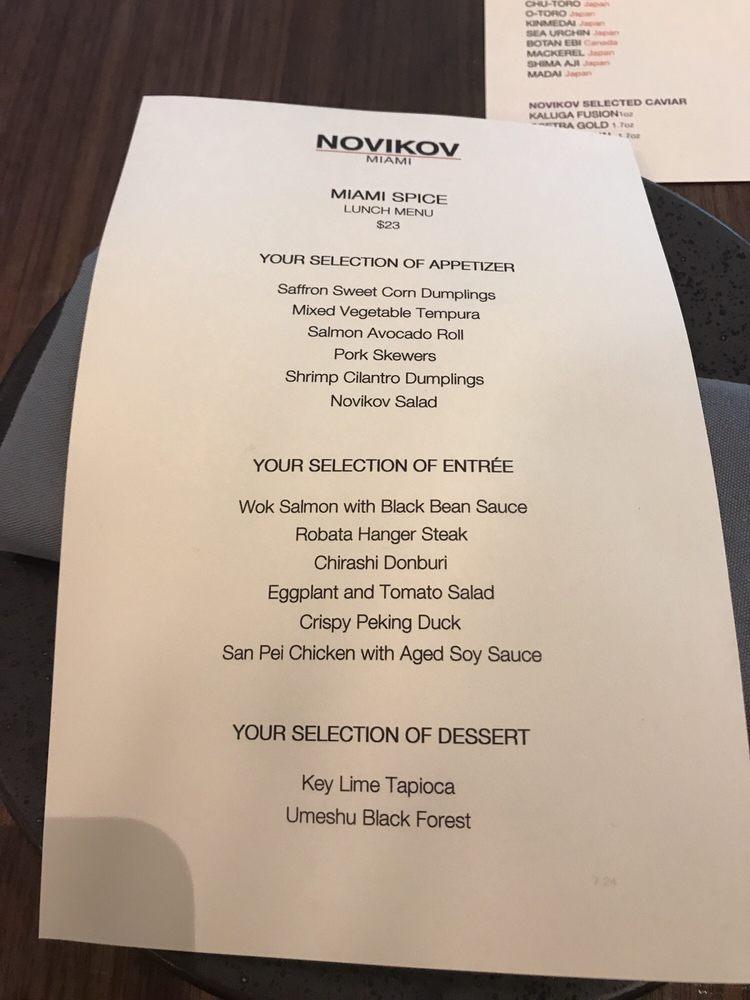 Menu at Novikov Miami restaurant, Miami