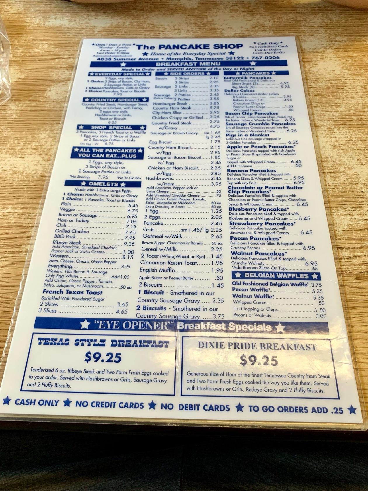 Menu at Pancake Shop restaurant, Memphis