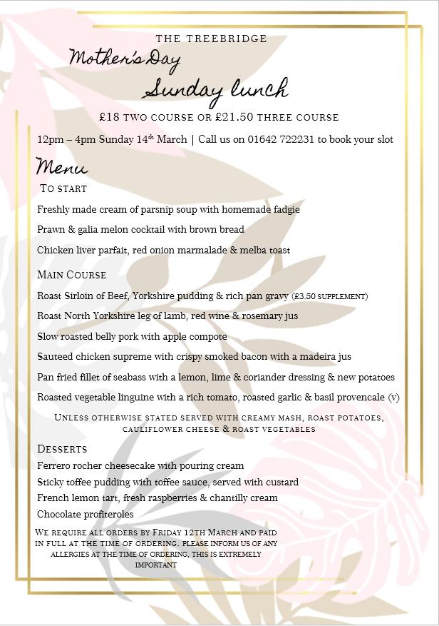 Menu at The Treebridge Hotel pub & bar, Middlesbrough