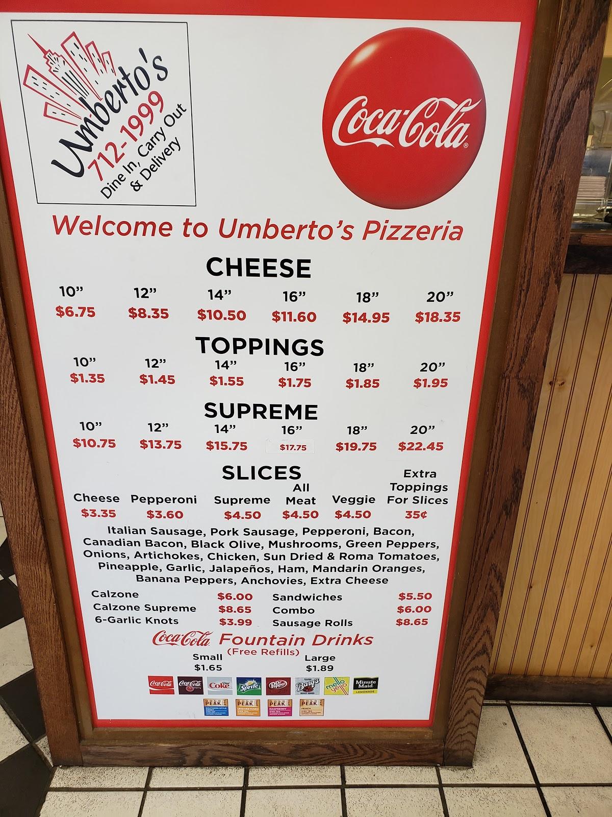 Menu at Umberto's pizzeria, Tulsa, S Harvard Ave