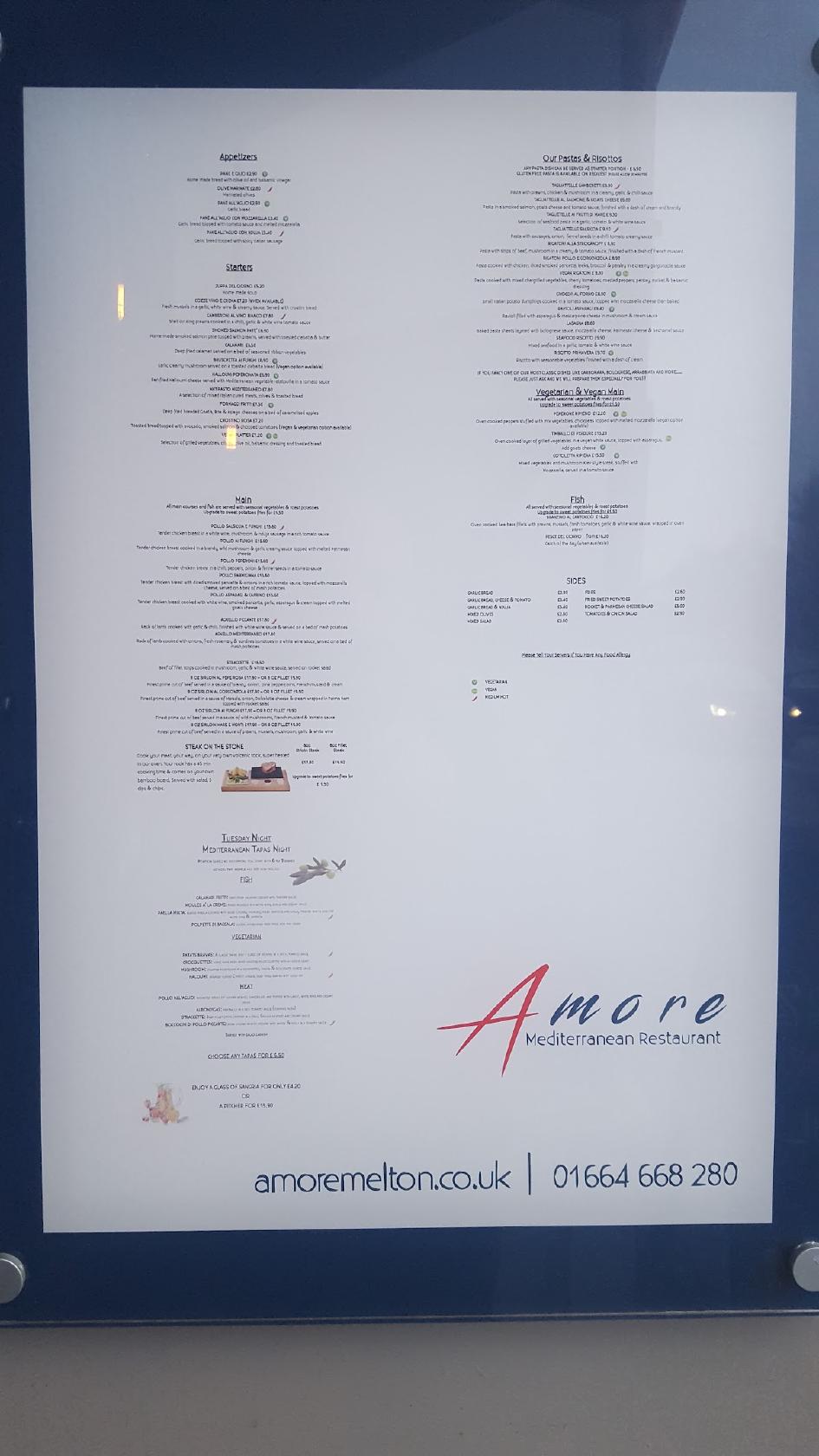 Menu at Amore Restaurant, Melton Mowbray