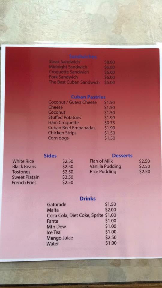 Menu at Authentic Cuban Food restaurant, Sebring