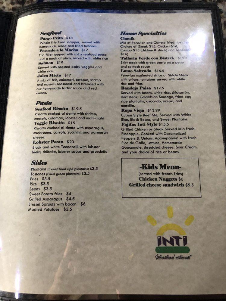 Menu at Inti International Restaurant, Vero Beach
