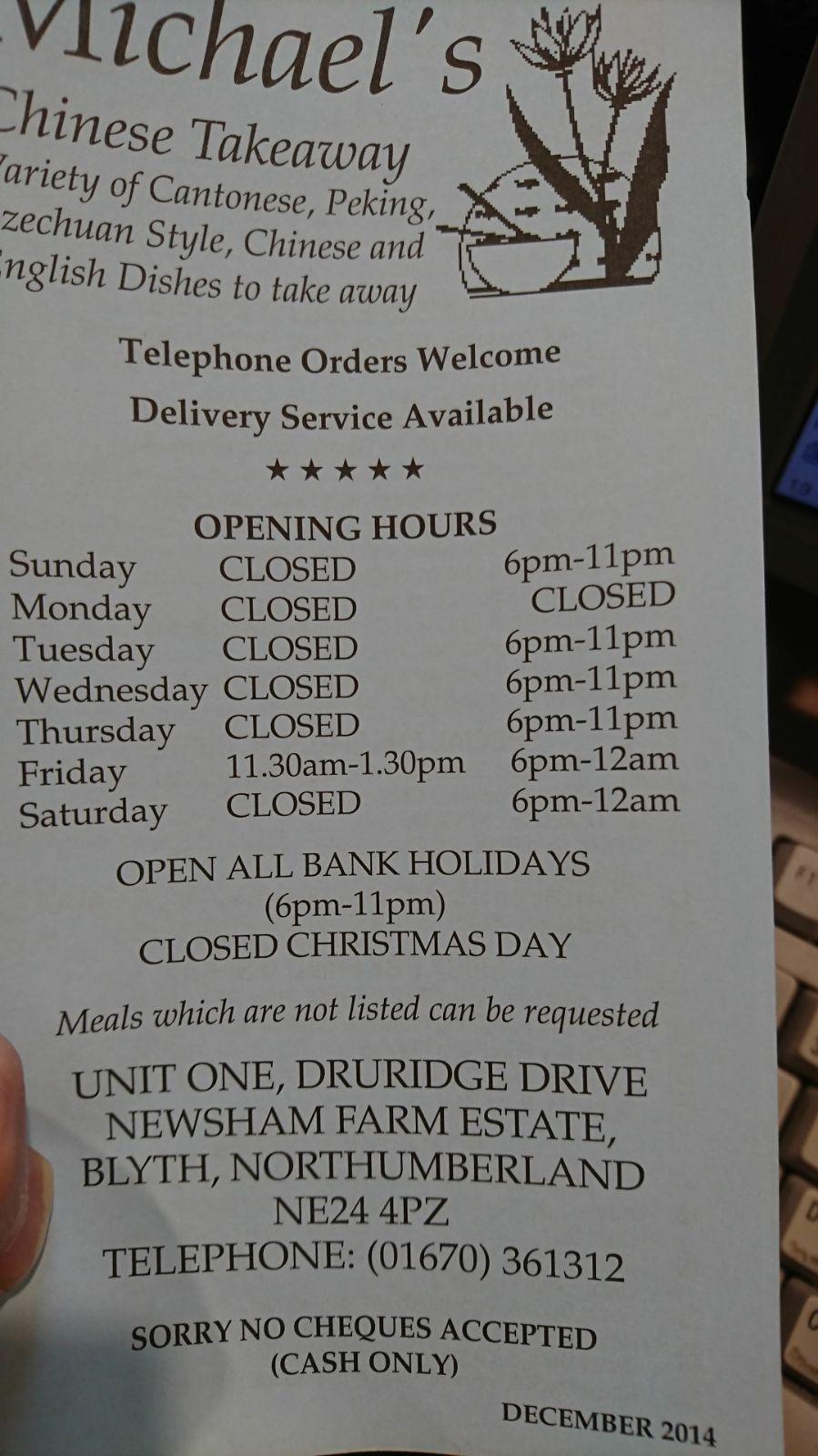 Menu at Michael's Chinese Takeaway fast food, Blyth