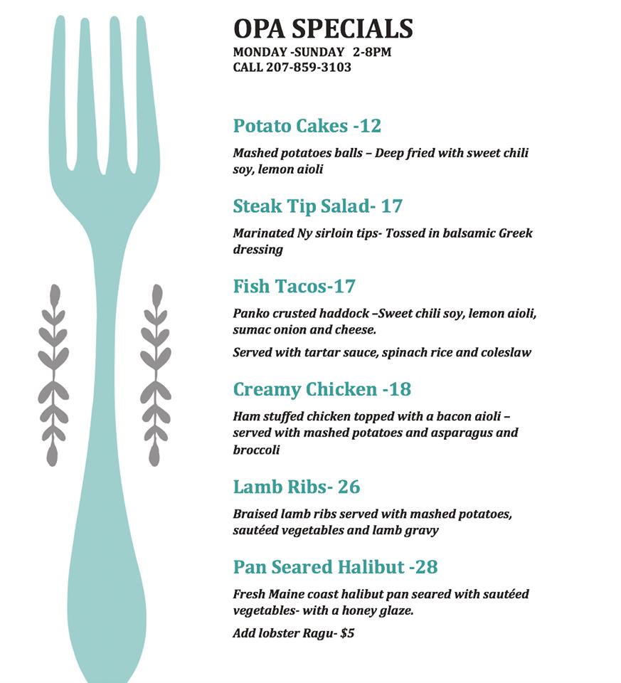 Menu at OPA restaurant, Waterville