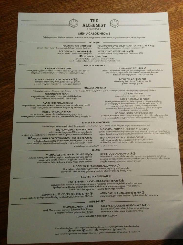 Menu at The Alchemist - Metropolitan restaurant, Warsaw